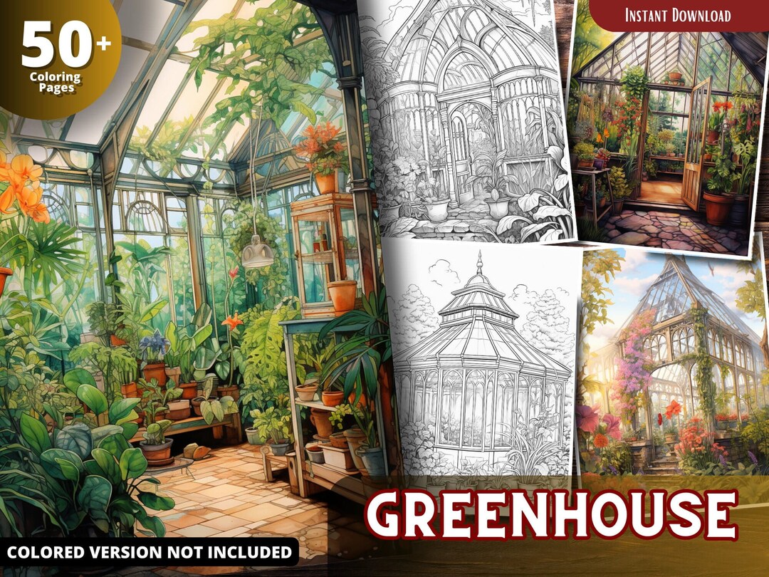 Greenhouse Coloring Pages, Grayscale Relaxing Places (printable PDF) - Etsy