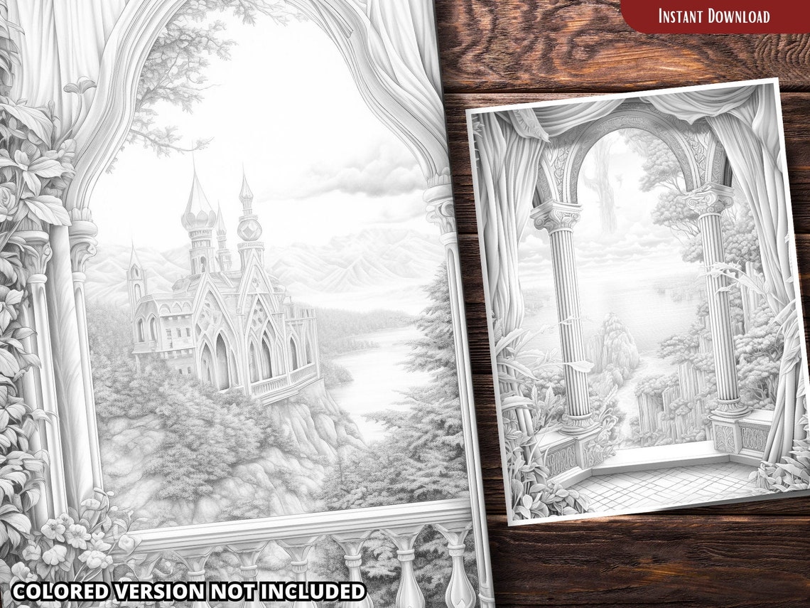 Magical Fantasy Window Landscape Coloring Pages for Adults and for Kids ...