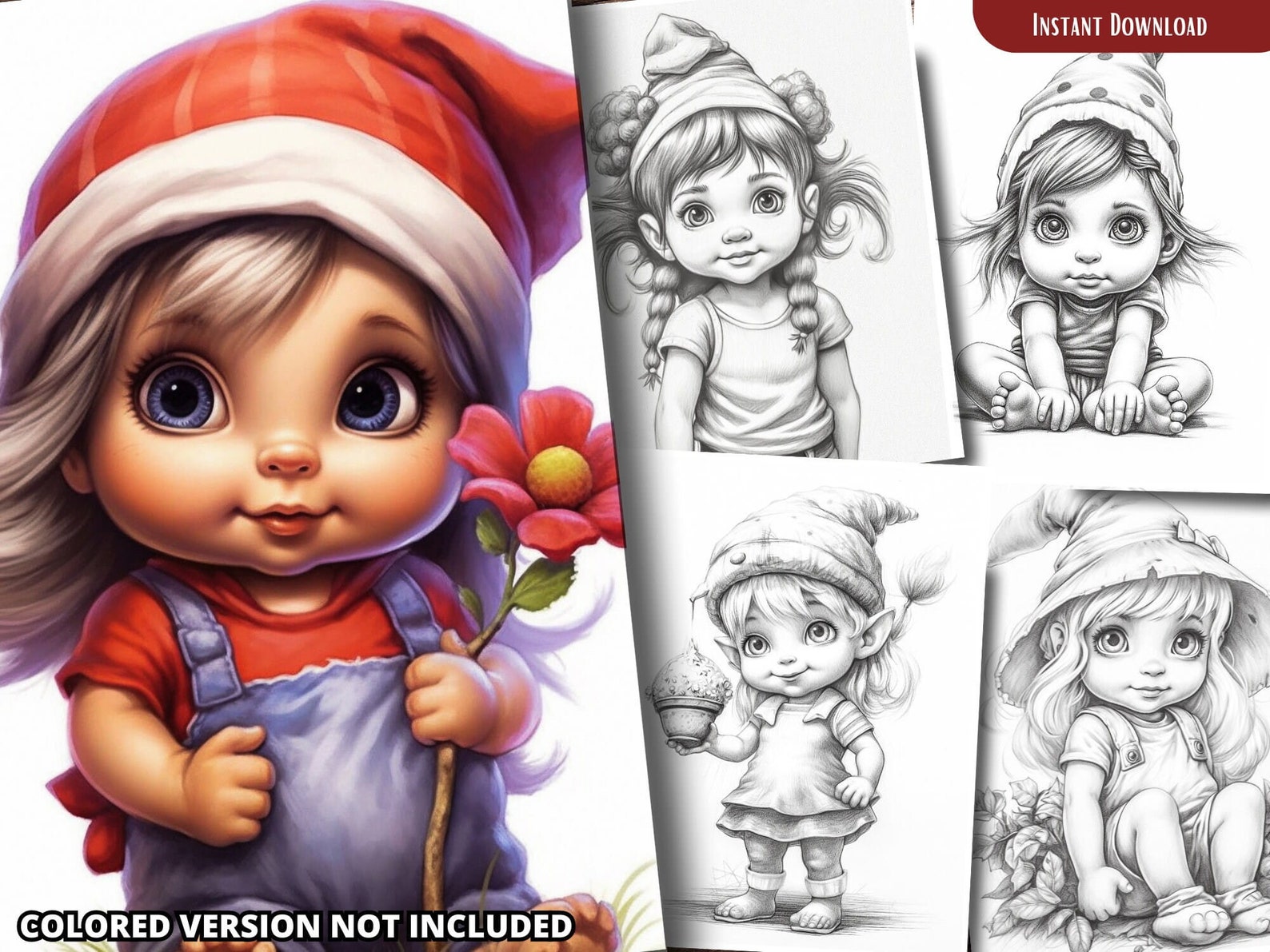 Baby Gnomes Grayscale Coloring Book for Adults and Kids (printable PDF ...