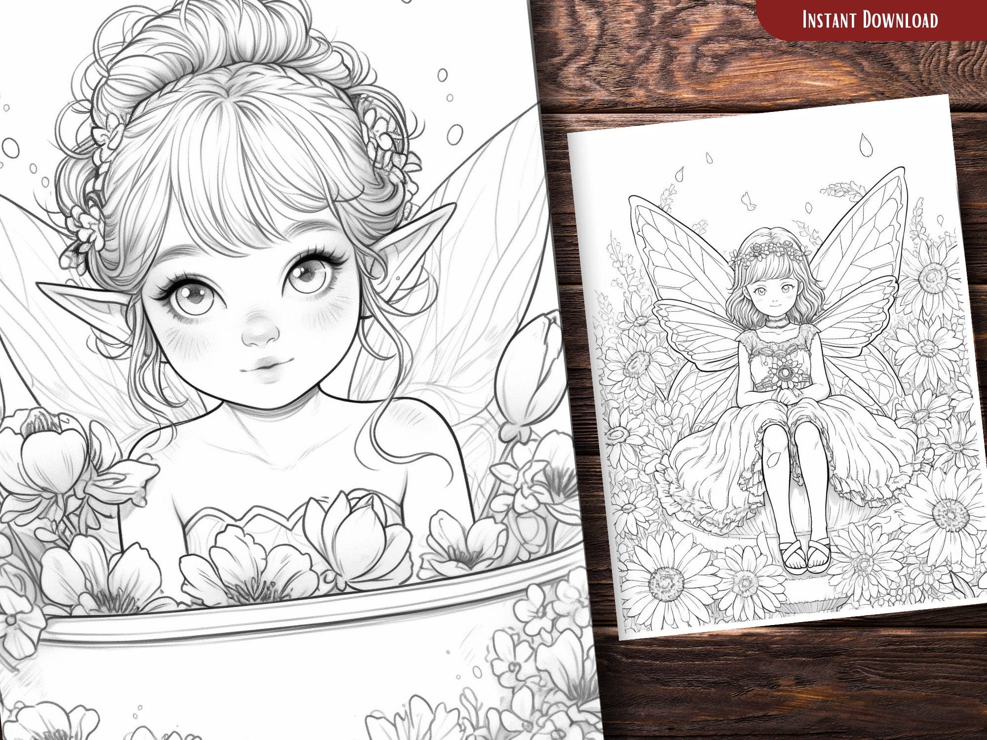 Flower Fairy Coloring Pages for Adults and for Kids Grayscale Coloring ...