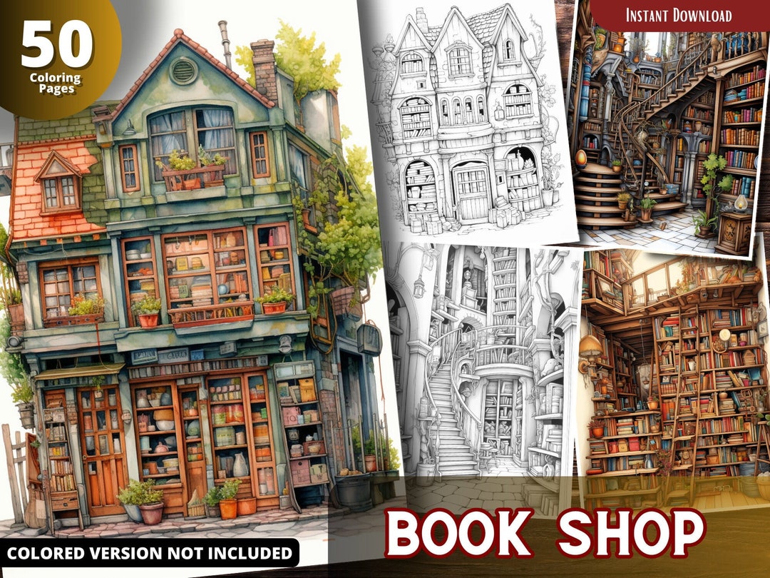 Book Shop Coloring Pages for Adults and for Kids for Relax and Stress ...