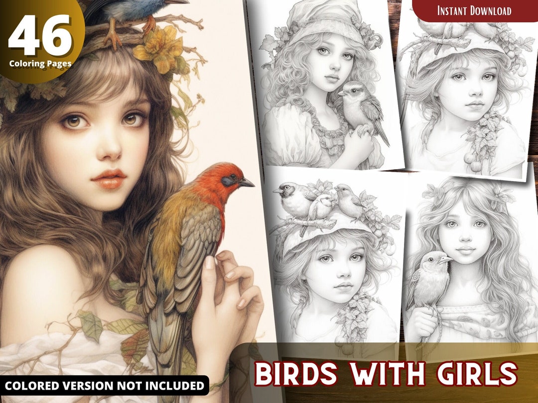 Birds With Girls Coloring Pages for Adults and for Kids for Relax and ...