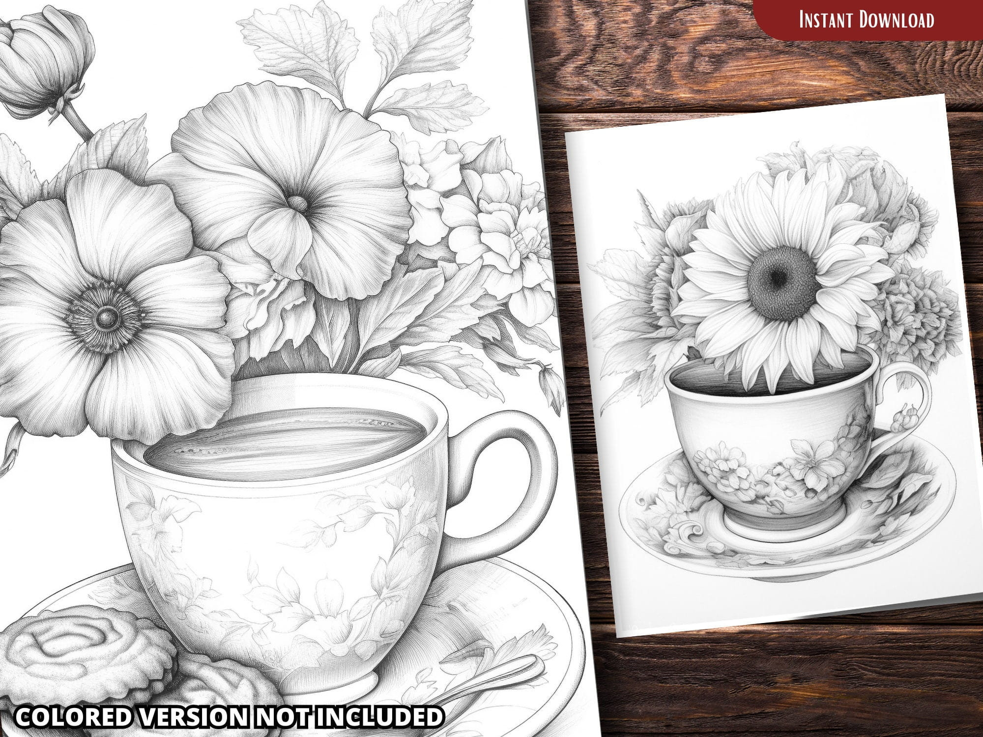 Teacup and Flower Coloring Pages for Adults and for Kids for Relax and ...