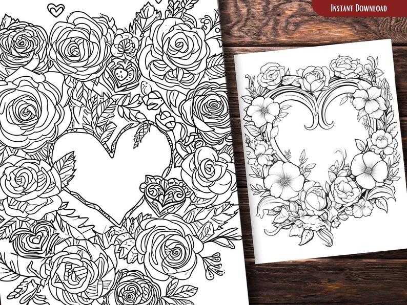 Valentine Floral Border Coloring Pages, Grayscale Coloring Book ...