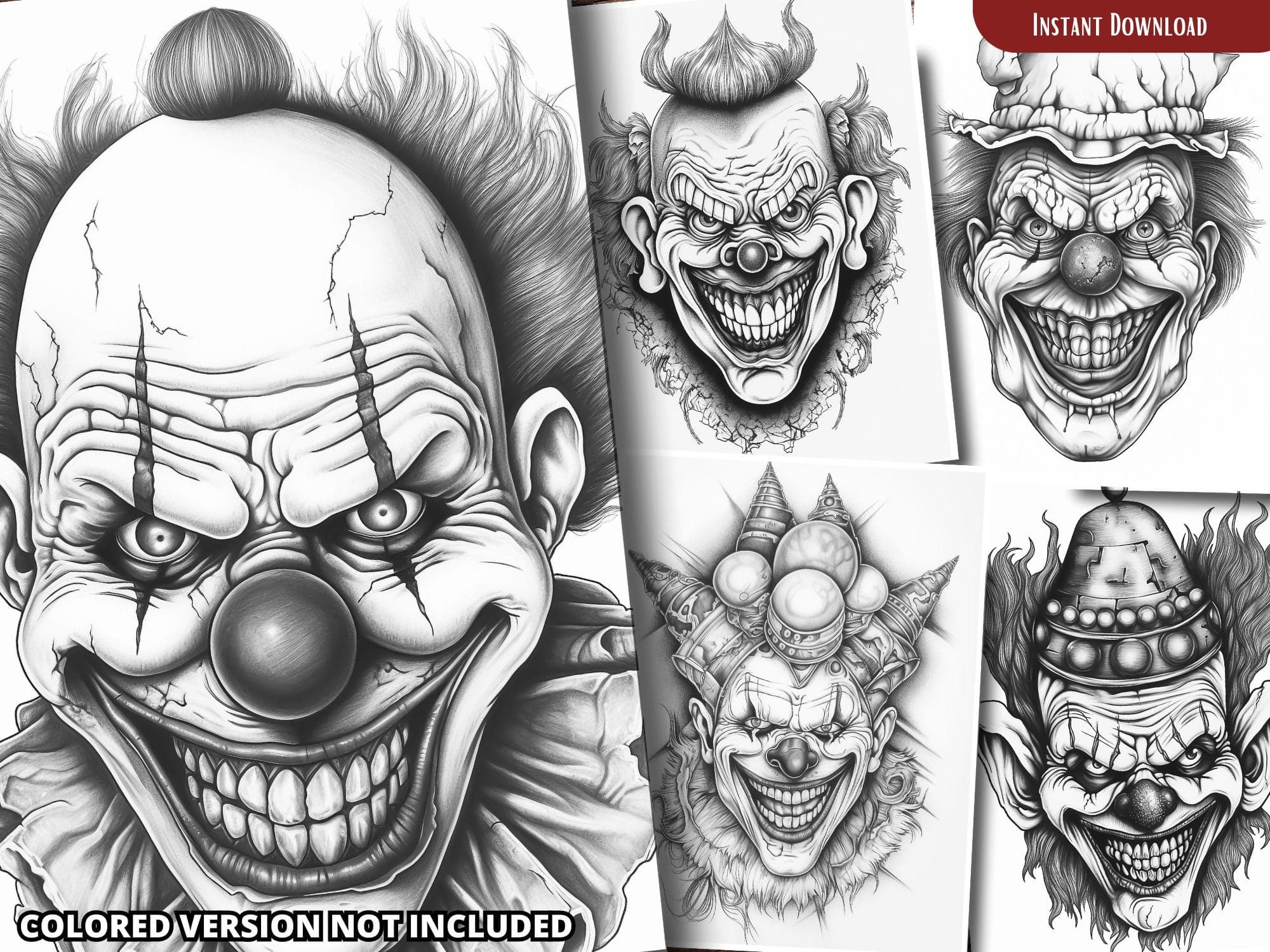 Creepy Clown Coloring Pages for Adults and for Kids Grayscale Coloring ...