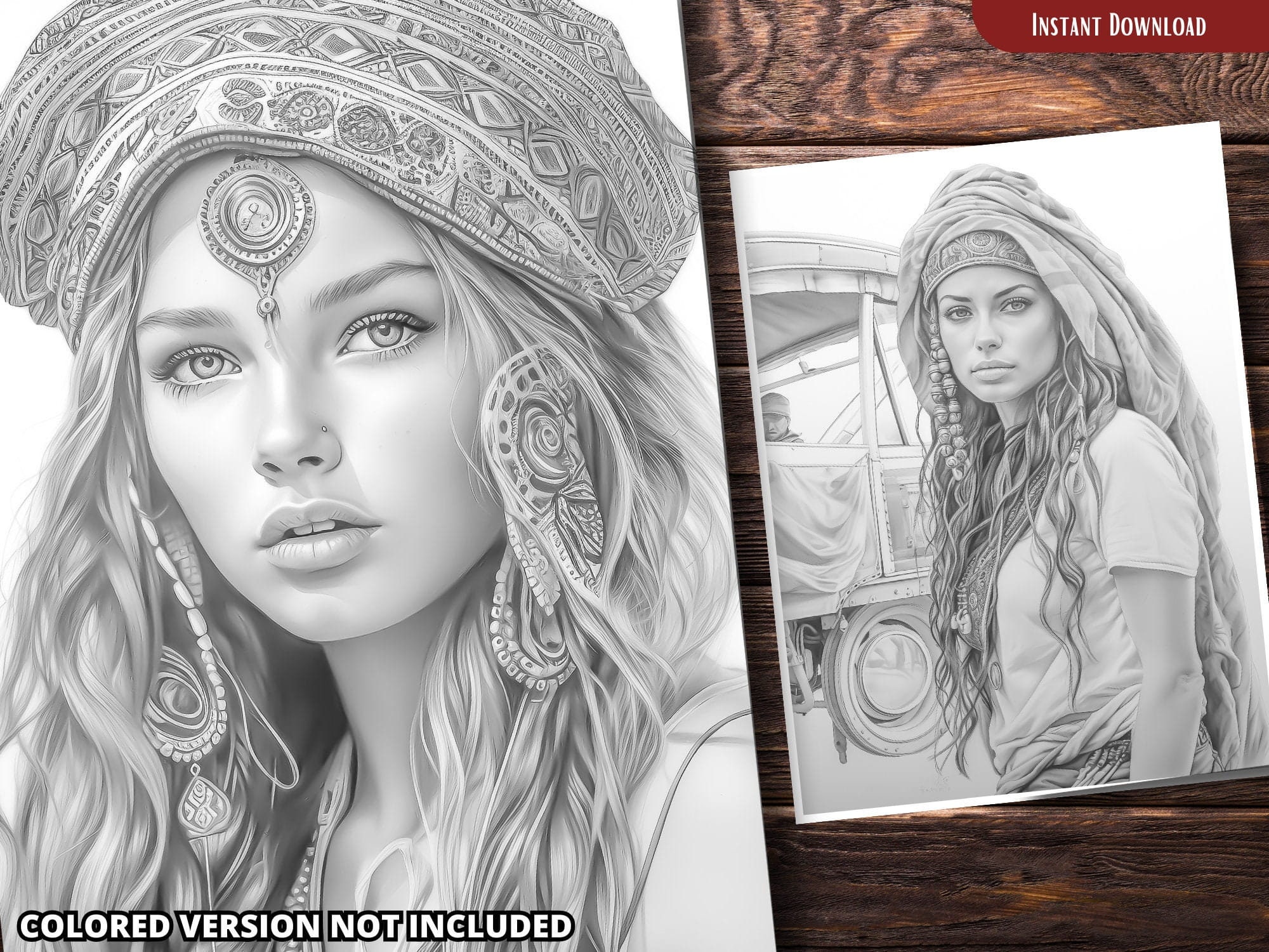 Gypsy Coloring Pages for Adults and for Kids Grayscale Coloring ...