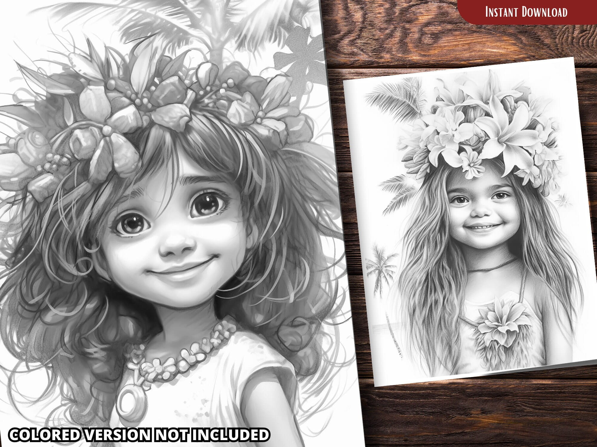 Beach Darling Girls Coloring Pages for Adults and for Kids, Grayscale ...