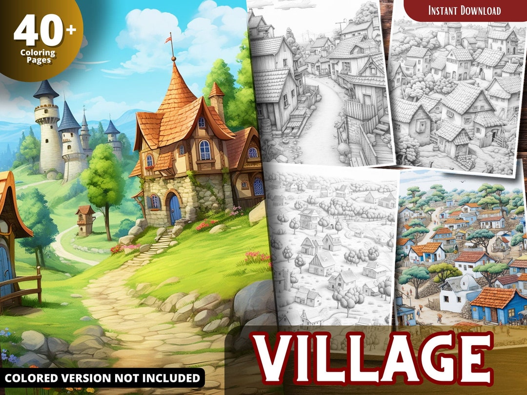 Village Coloring Pages for Adults and for Kids, Grayscale Coloring Book ...