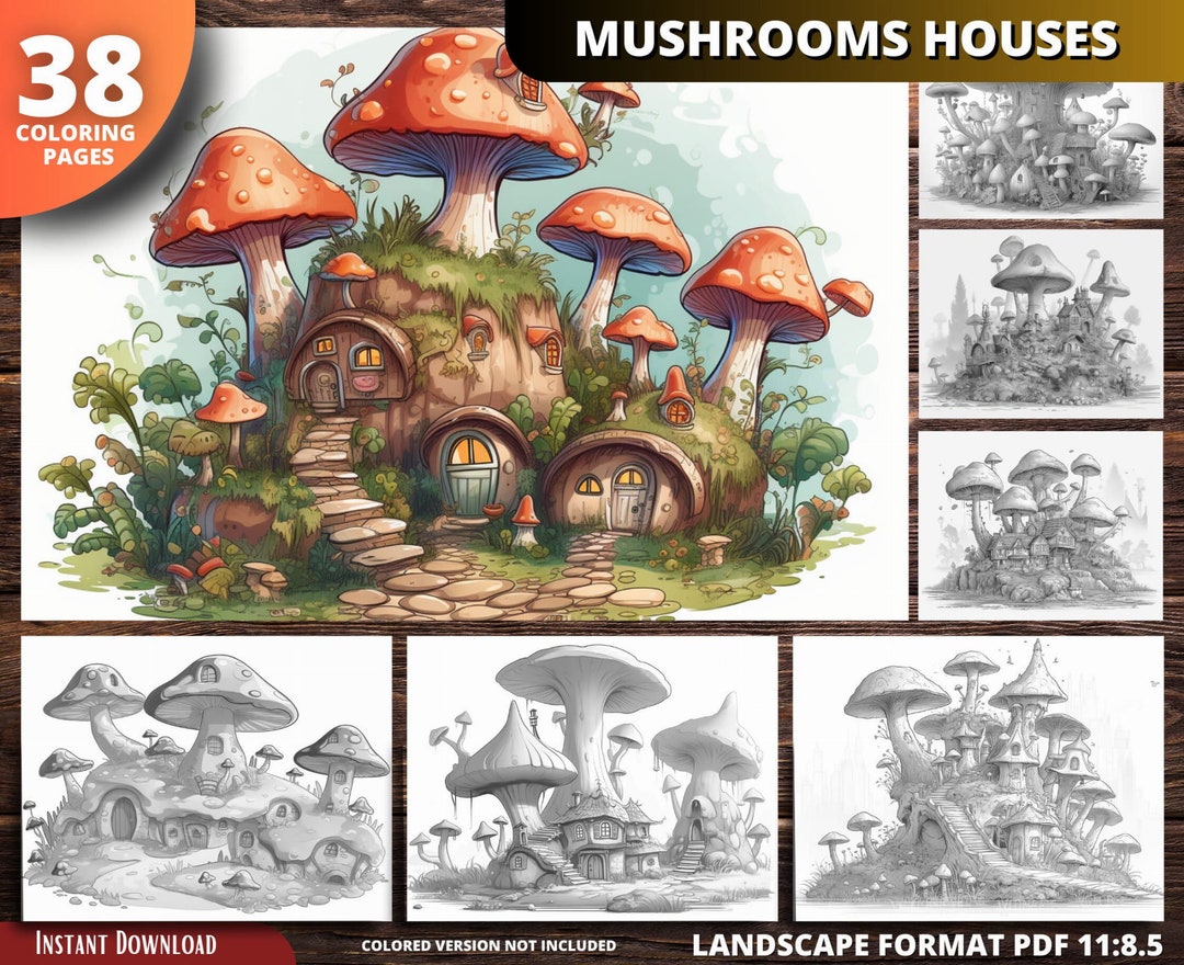 Mushroom House Village Coloring Pages for Adults and for Kids for Relax ...