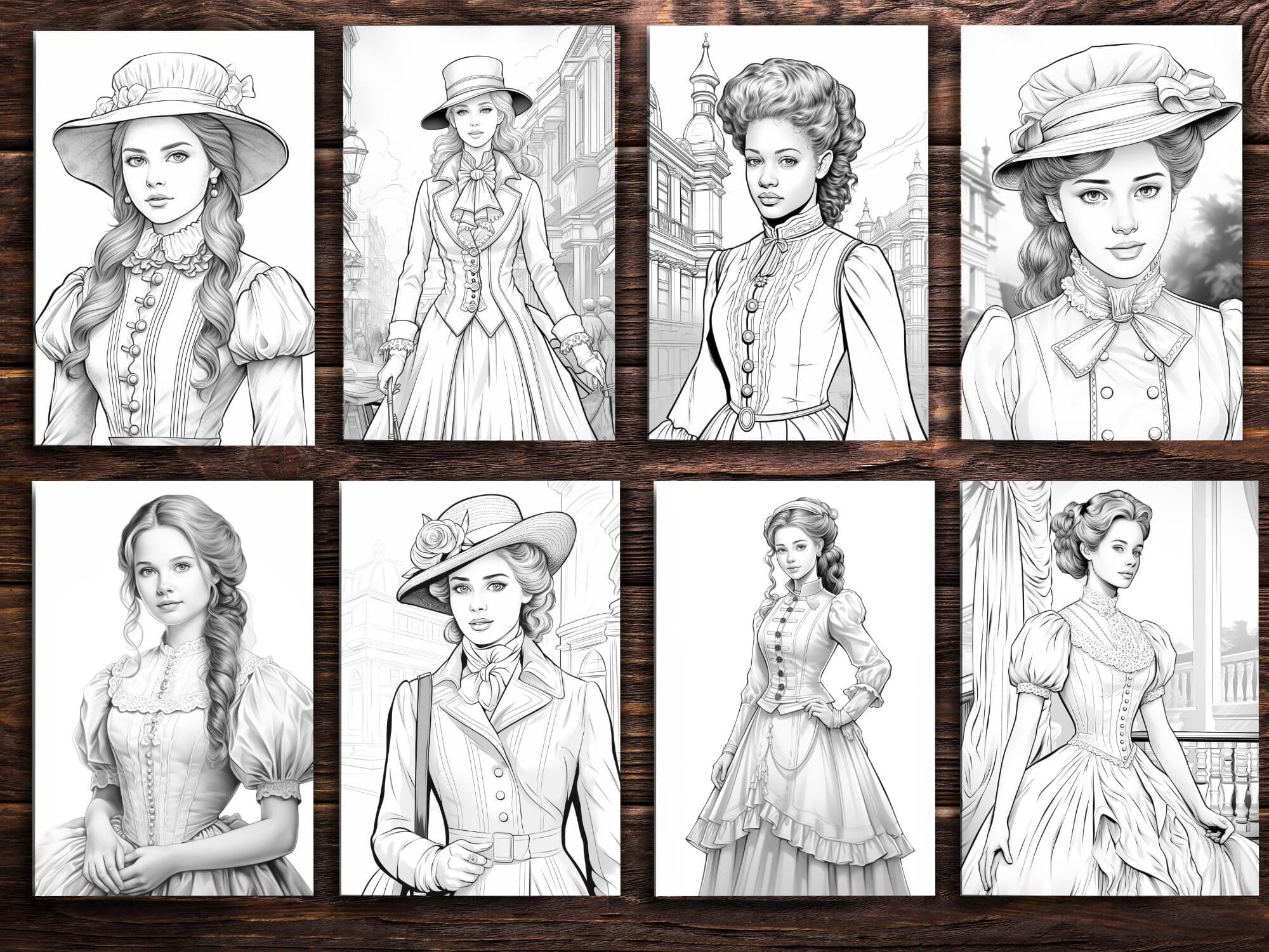 Victorian Fashion Coloring Pages for Adults and for Kids, Grayscale ...
