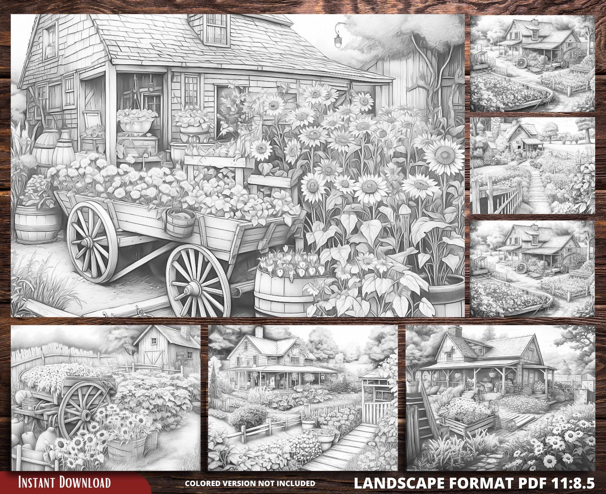 Farmer Garden , 36 Coloring Pages for Adults and for Kids, Grayscale ...