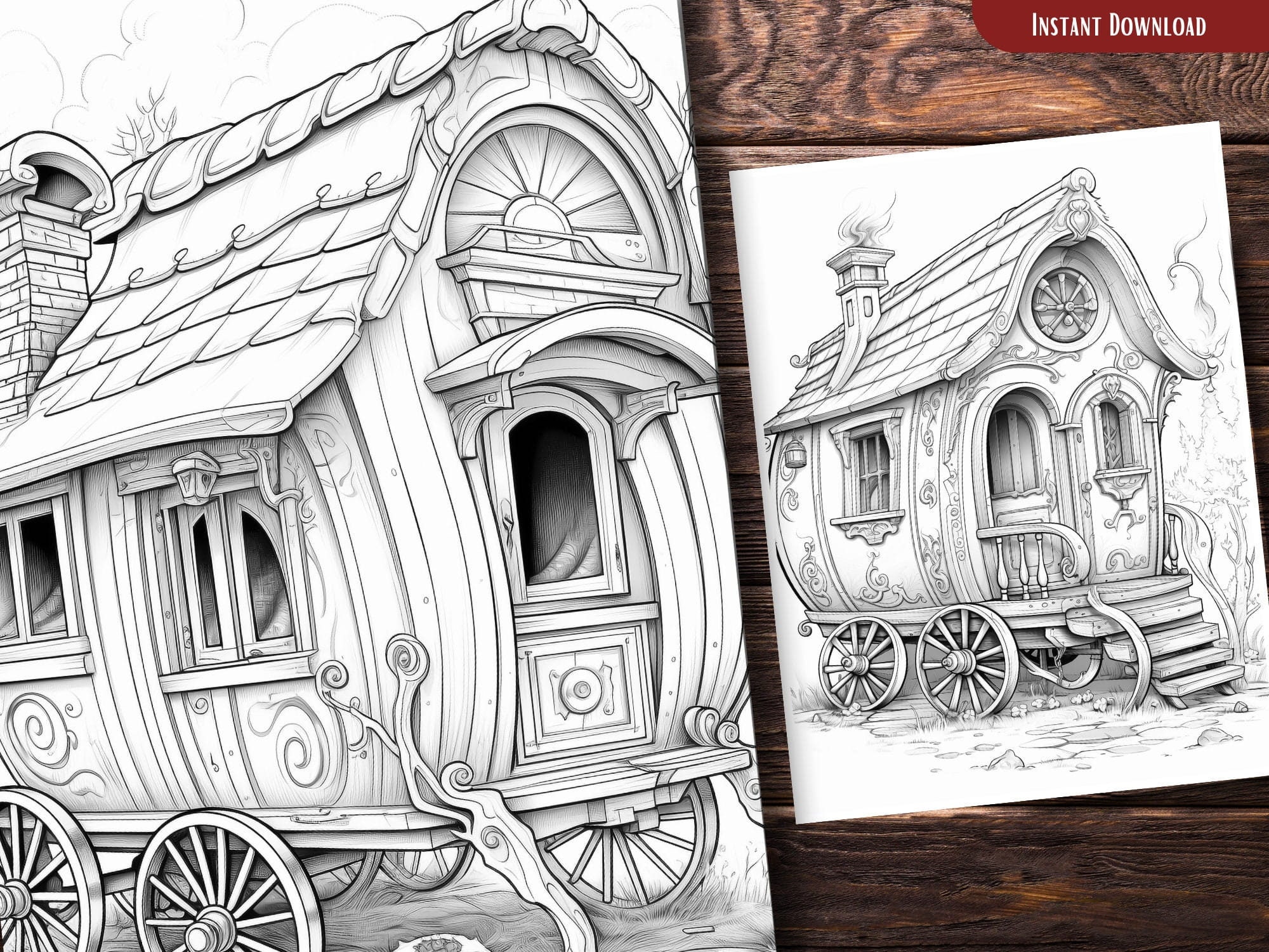 Fantasy Caravan House Coloring Pages for Adults and for Kids Grayscale ...