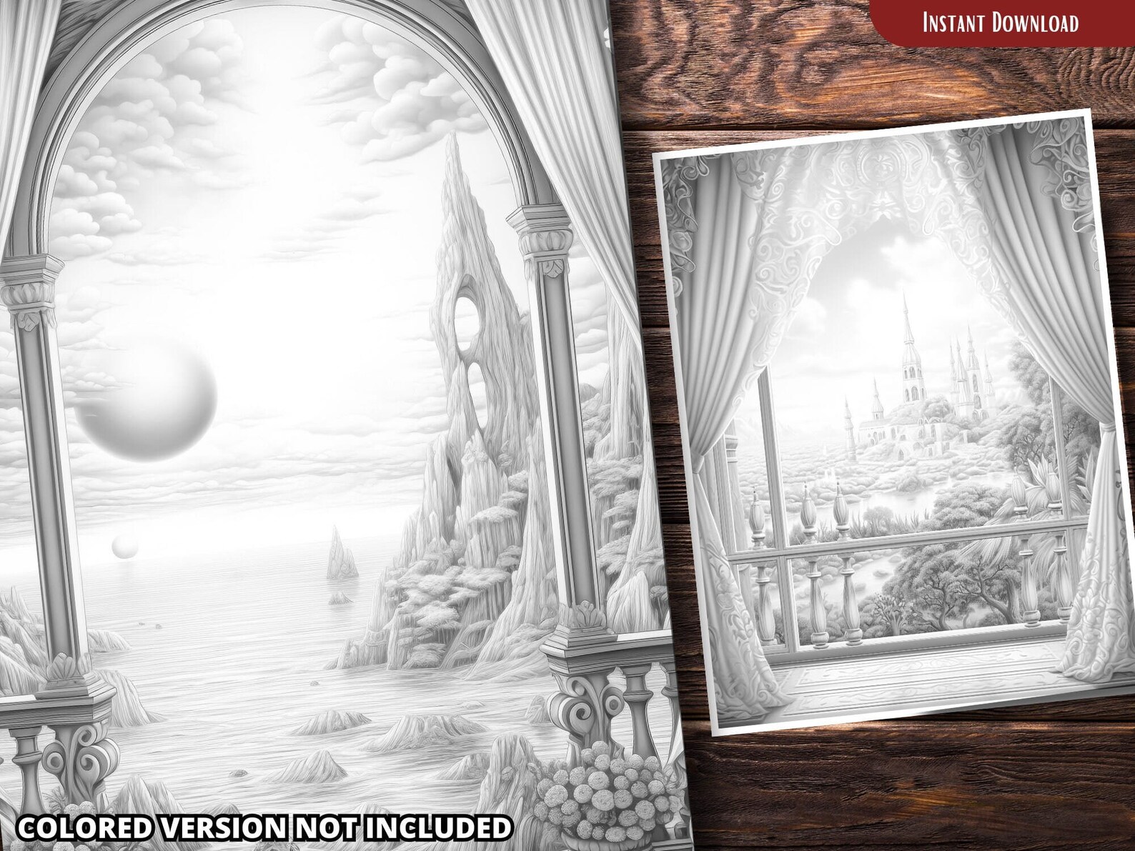 Magical Window Fantasy Coloring Pages, Grayscale Art (printable PDF) - Etsy