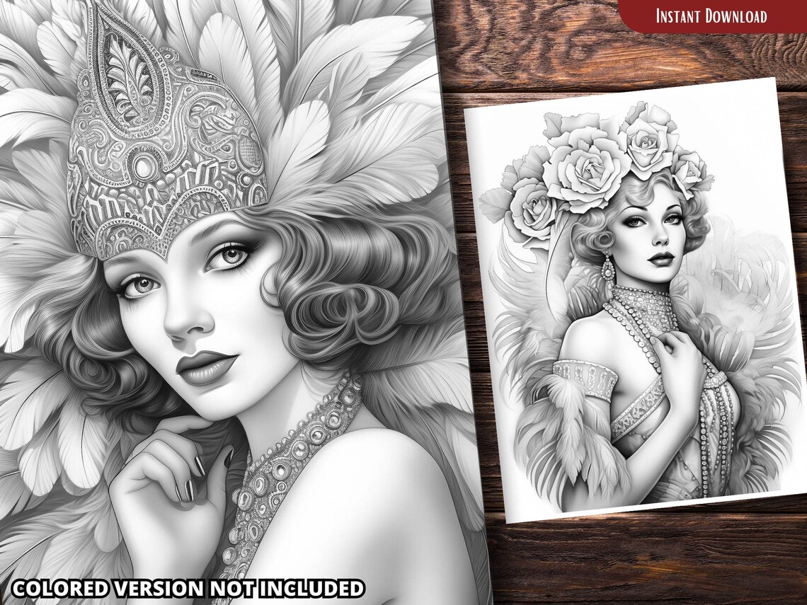 1920's Flapper Dancer Coloring Pages for Adults and for Kids Grayscale ...