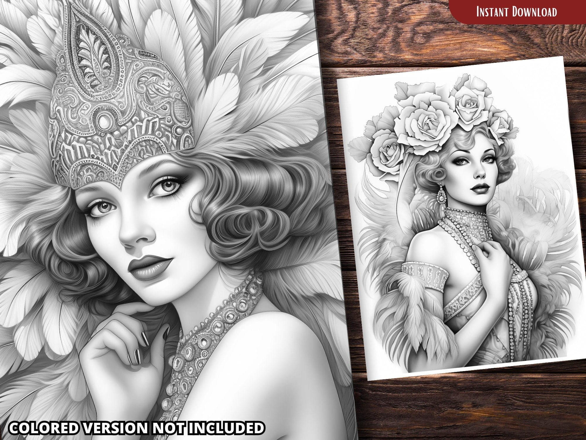 1920's Flapper Dancer Coloring Pages for Adults and for Kids Grayscale ...