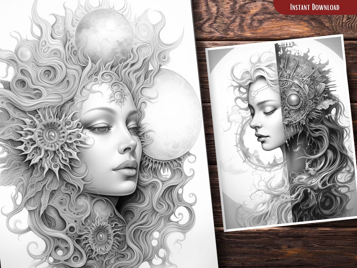 Sun and Moons Coloring Pages for Adults and for Kids Grayscale Coloring ...