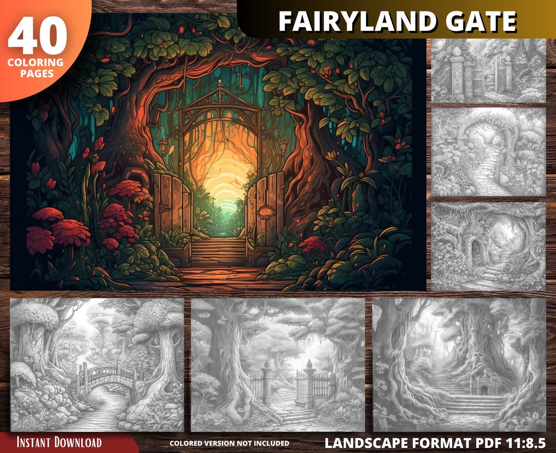 Fairyland Gate Coloring Pages for Adults and for Kids Grayscale ...
