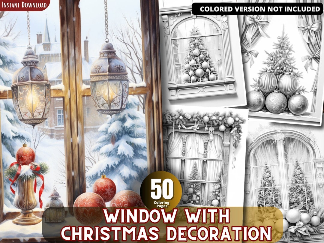 Christmas Window Coloring Pages, Grayscale Printable PDF - Etsy