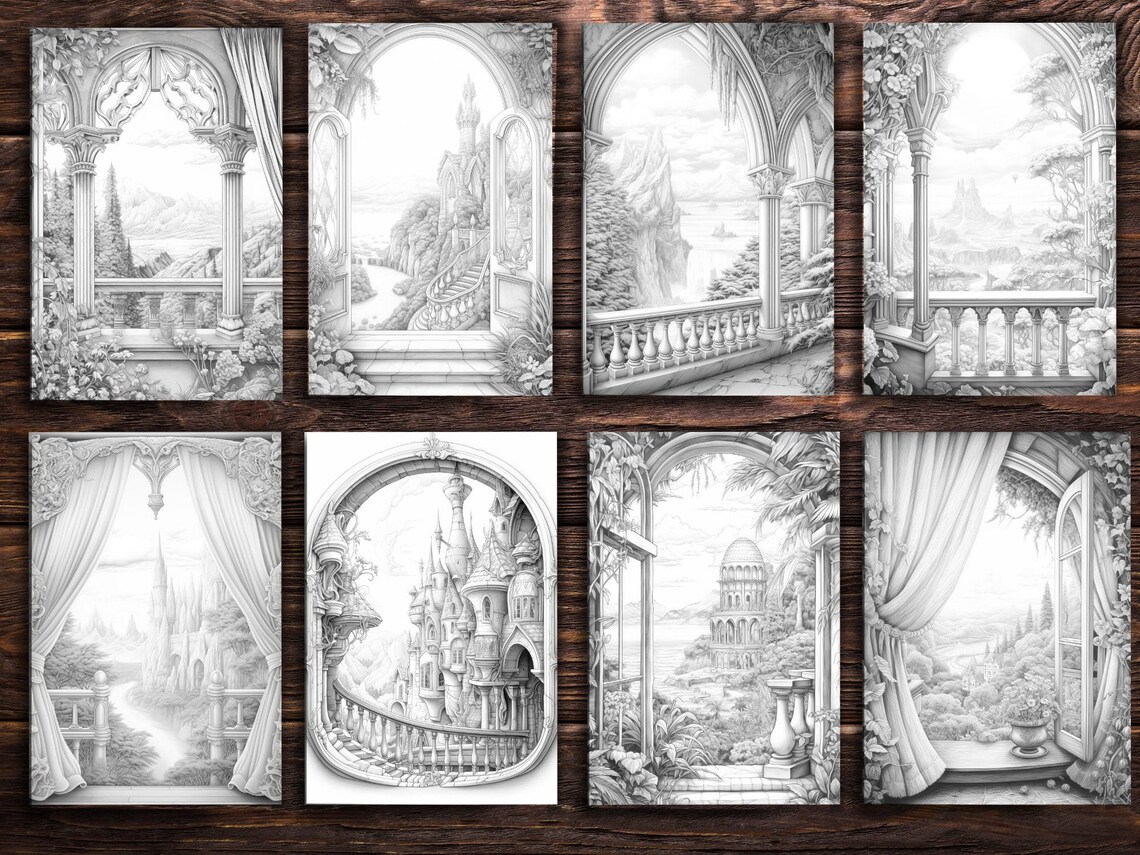 Fantasy Window Landscape Grayscale Coloring Pages for Adults & Kids ...