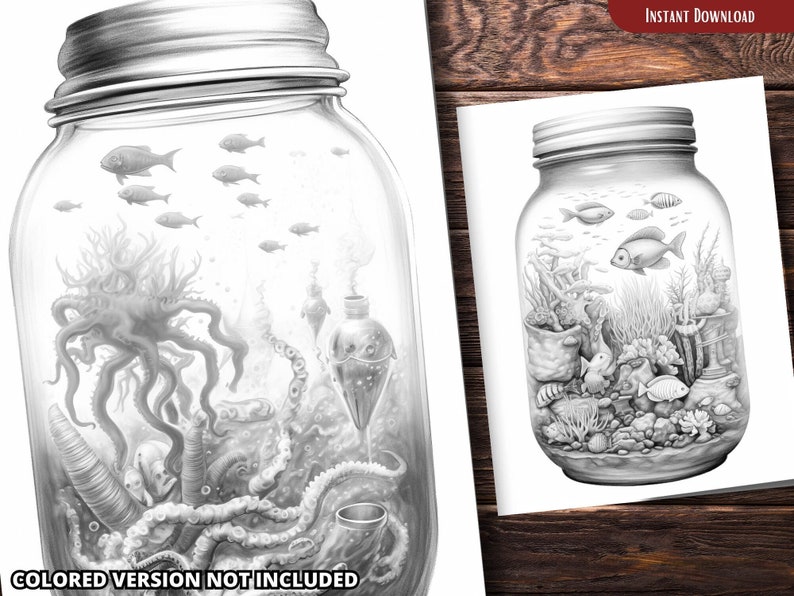 Marine World Enclosed in Jar Coloring Pages for Adults and for Kids ...