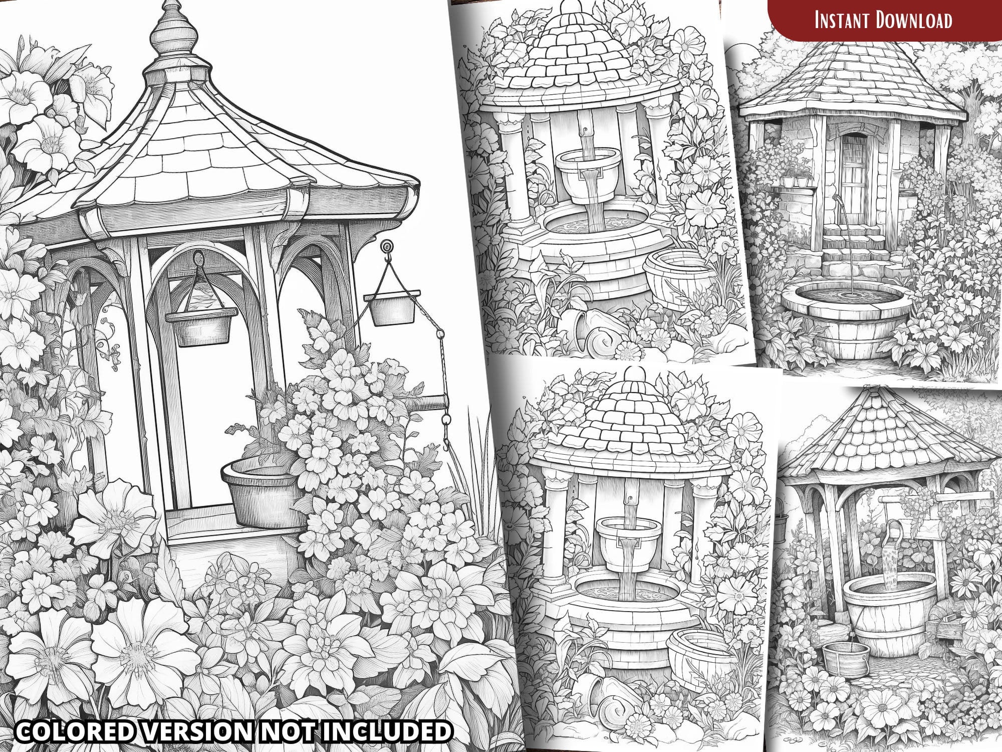 Wishing Well Coloring Pages for Adults and for Kids, Grayscale Coloring ...