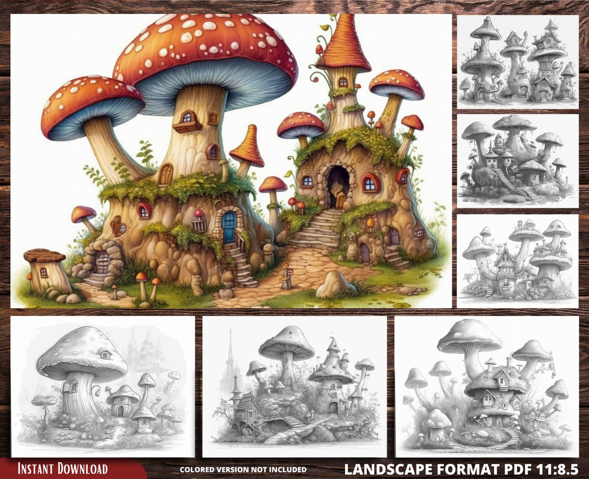 Mushroom House Village Coloring Pages for Adults and for Kids for Relax ...