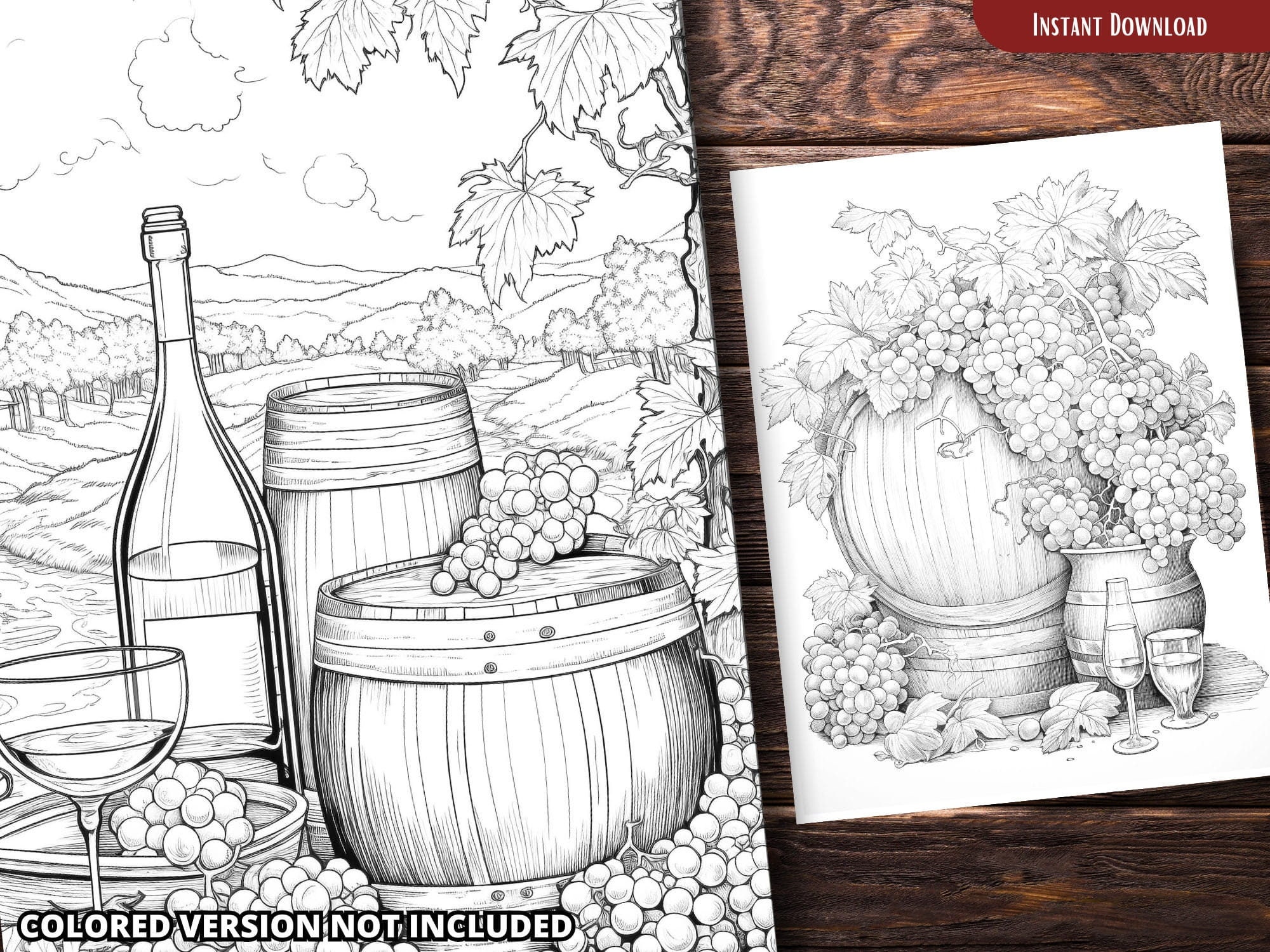 Wine Coloring Pages for Adults and for Kids Grayscale Coloring Book ...