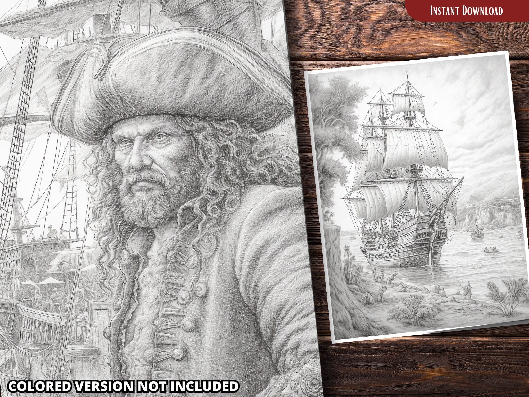 Pirates Coloring Pages for Adults and for Kids Grayscale Coloring Book ...