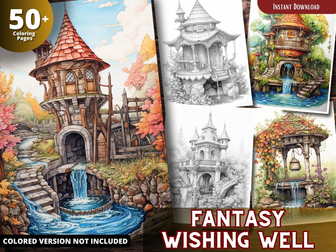 Fantasy Wishing Well Coloring Pages for Adults and for Kids for Relax ...