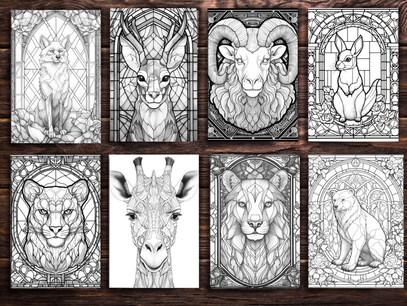 Stained Still Glass Animals Coloring Pages for Adults and for Kids ...