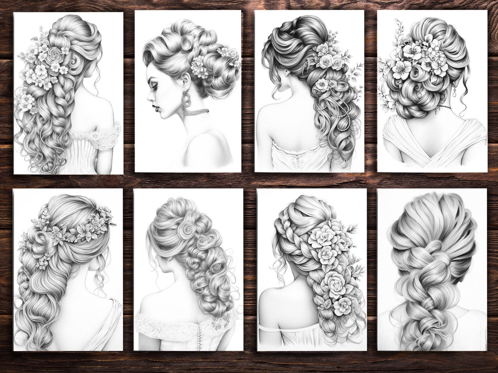 Hair Style Coloring Pages for Adults and for Kids, Grayscale Coloring ...