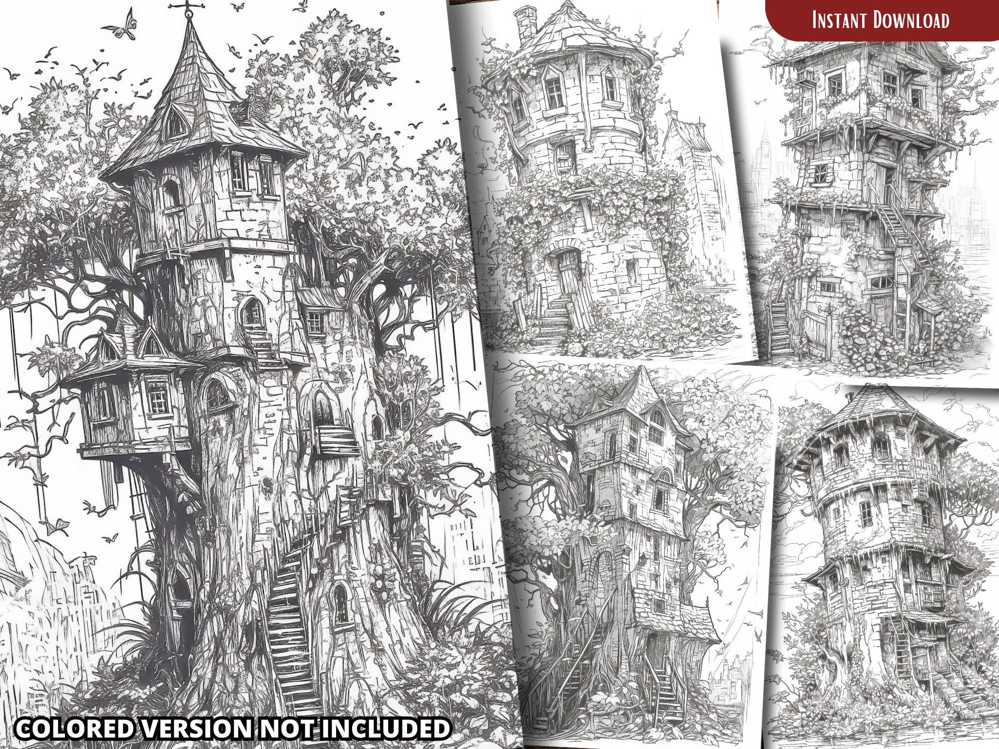 Fairy Tower Coloring Pages for Adults and for Kids for Relax and Stress ...