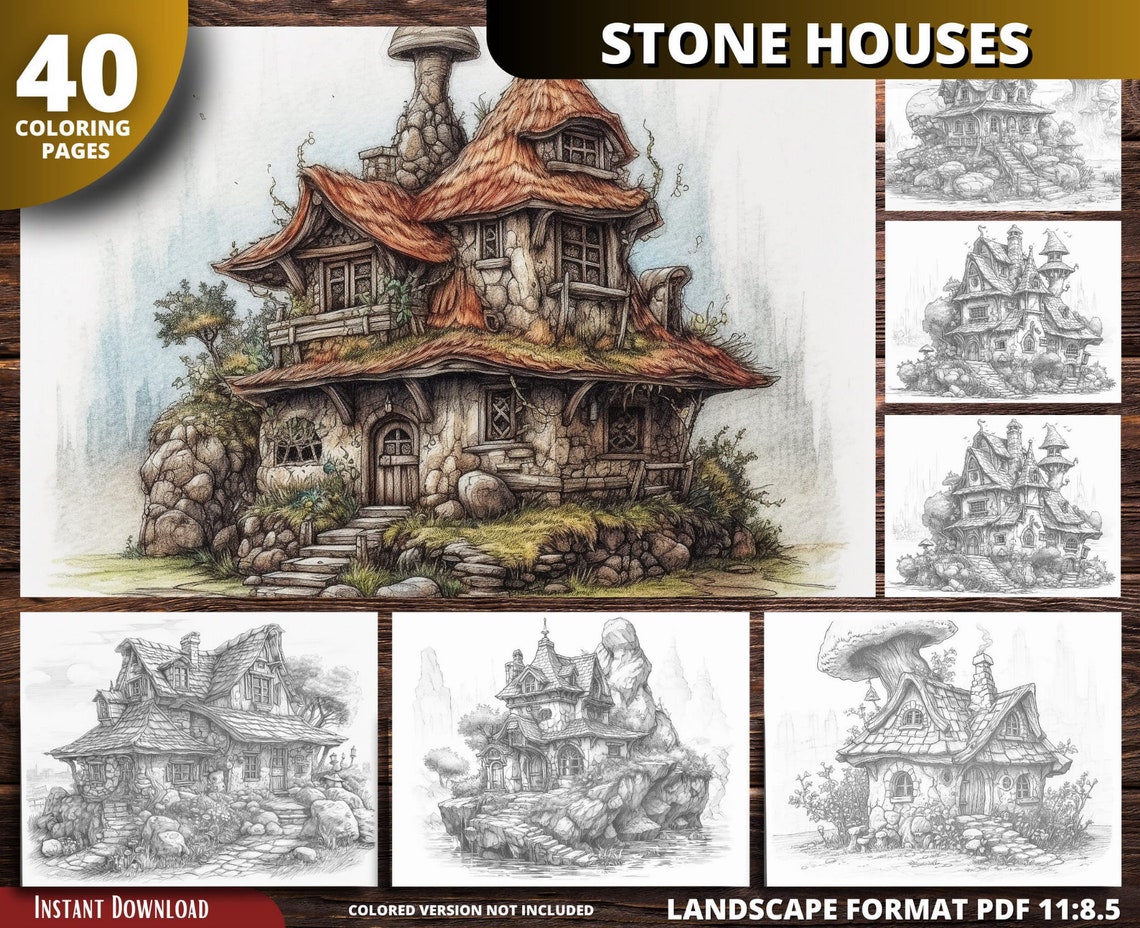 Stone Houses Coloring Pages for Adults and for Kids Grayscale Coloring ...