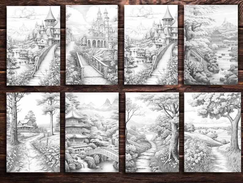 Fantasy Landscape Grayscale Coloring Book, AI Art (printable PDF) - Etsy