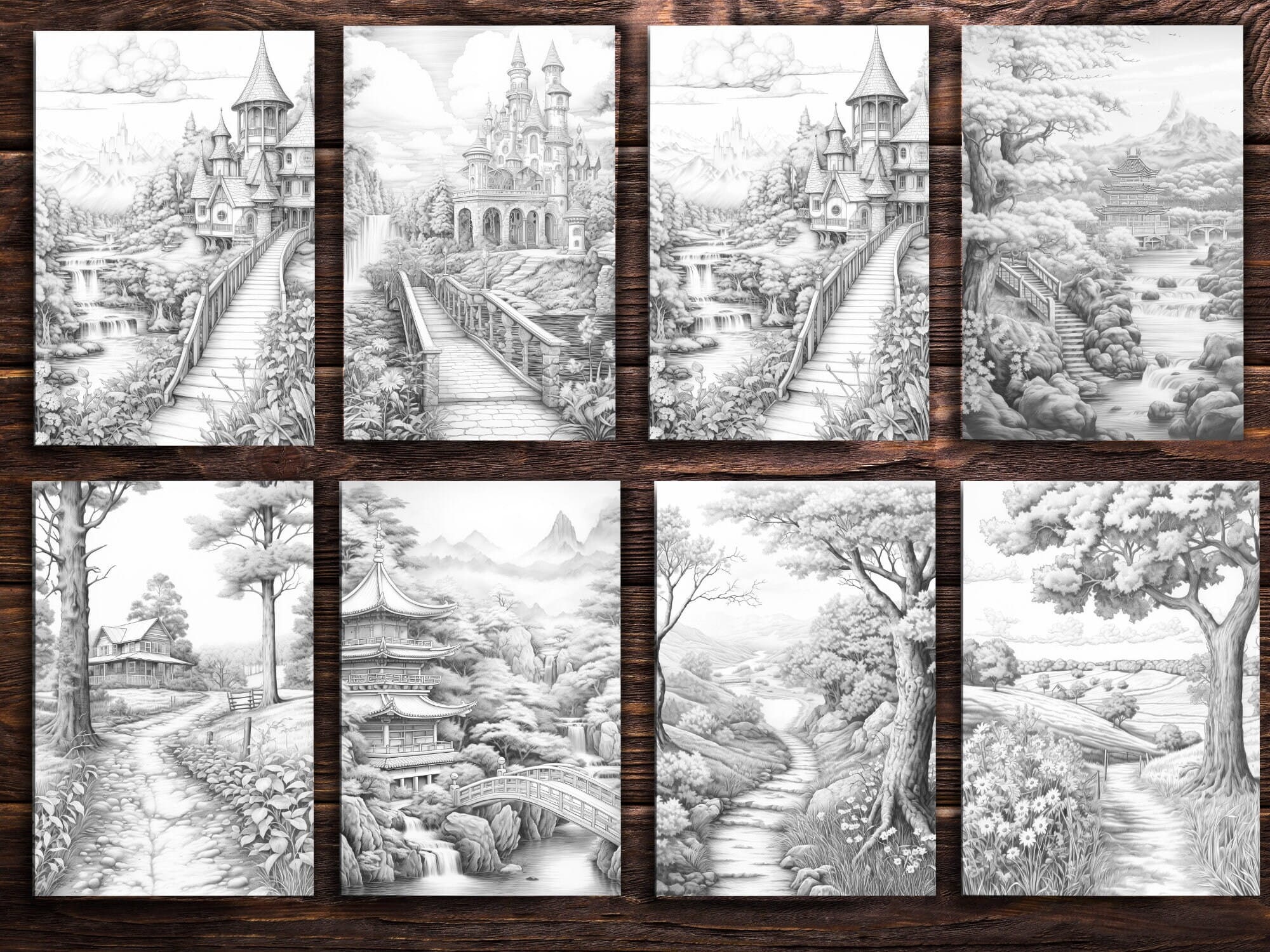 Fantasy Landscape Coloring Pages for Adults and for Kids, Grayscale ...