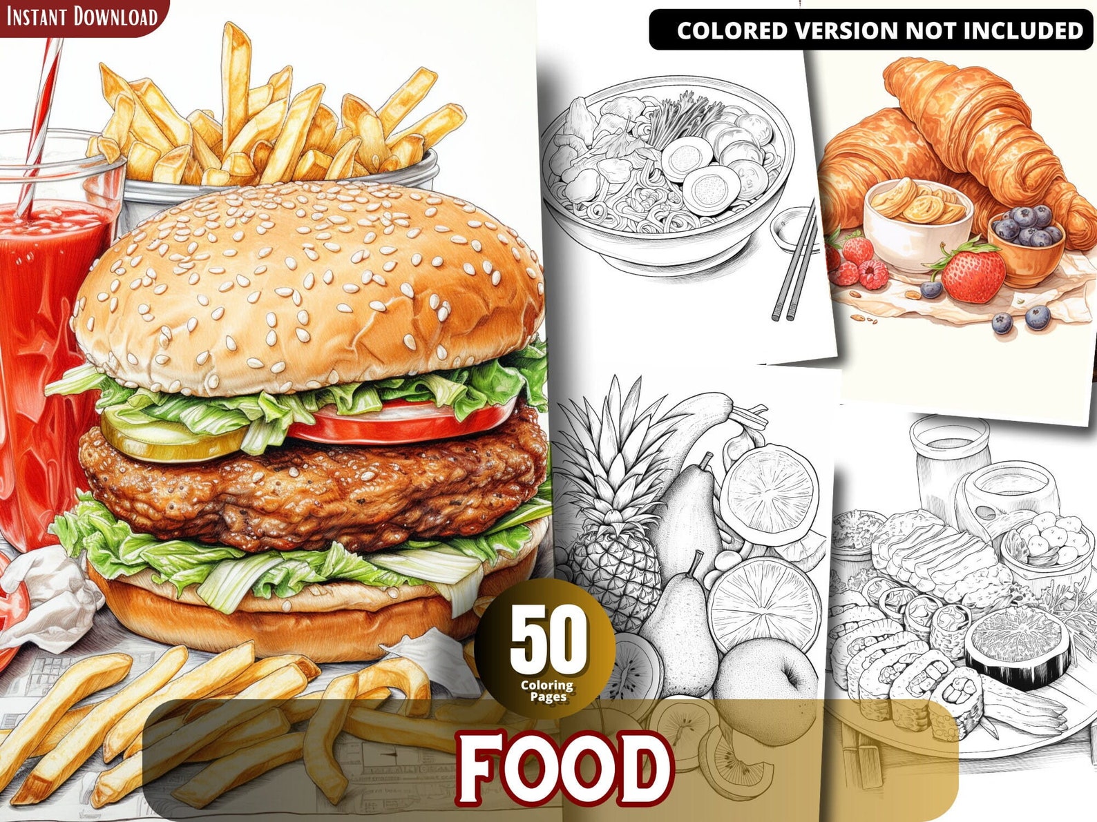 Food Coloring Pages for Adults and for Kids Grayscale Coloring Book ...