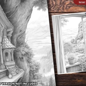 Fantasy Landscape Window View Coloring Pages for Adults and for Kids ...