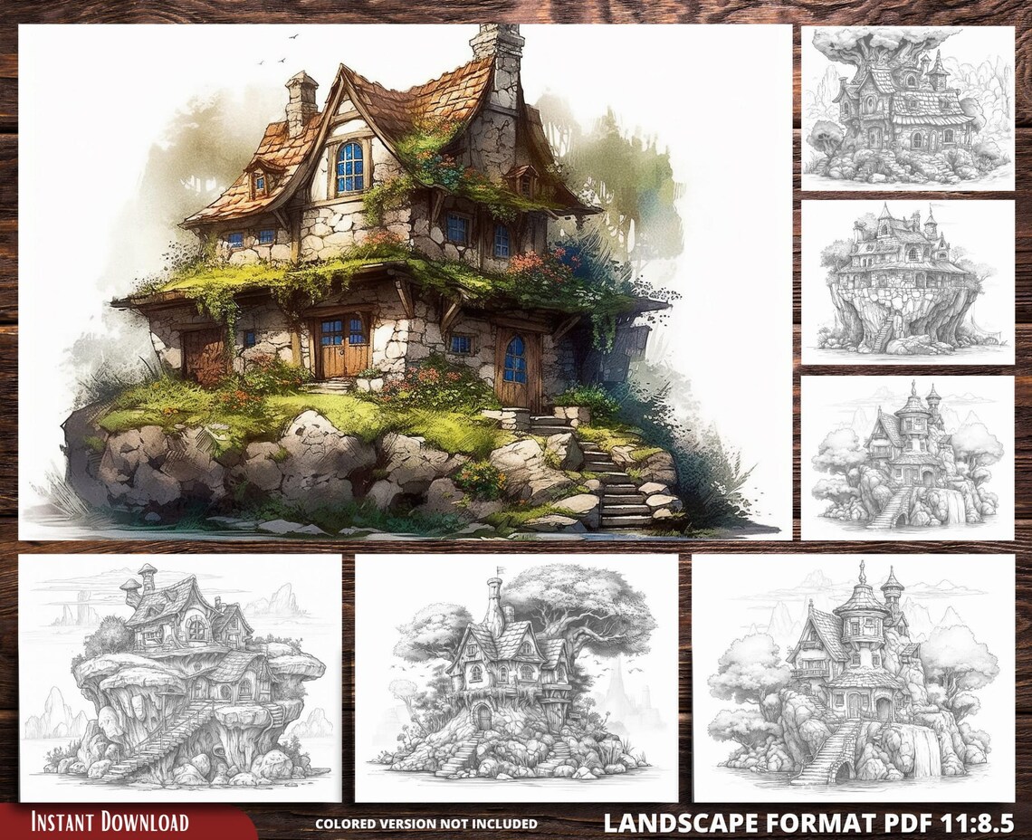 Stone Houses Coloring Pages for Adults and for Kids Grayscale Coloring ...