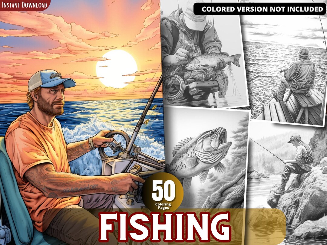 Fishing Coloring Pages for Adults and for Kids for Relax and Stress ...