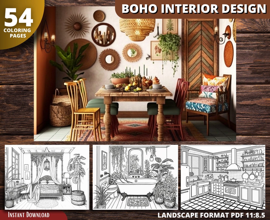 Boho Interior Design,54 Coloring Pages for Adults and for Kids Coloring ...