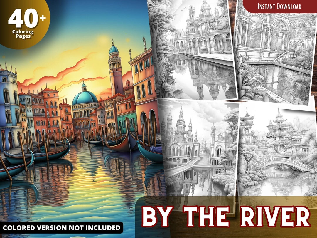 By the River Coloring Pages for Adults and for Kids for Relax and ...