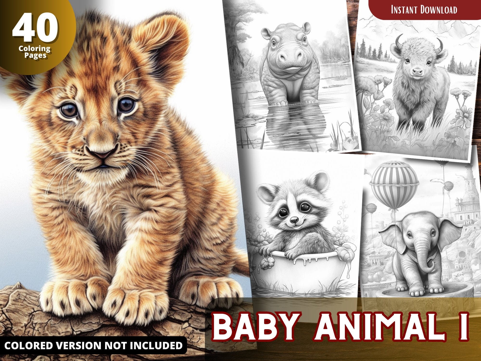 Baby Animals Coloring Pages for Adults and for Kids, Grayscale Coloring ...