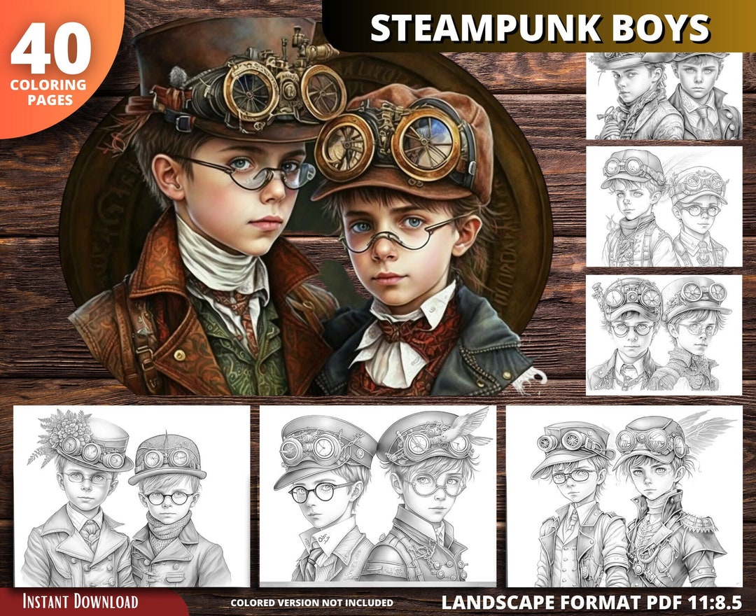 Steampunk Boys Coloring Pages, Grayscale Coloring Book (printable PDF ...