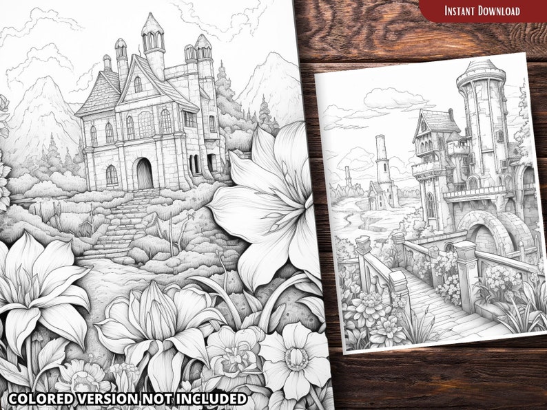 Medieval Flower Scene Coloring Pages for Adults and for Kids for Relax ...