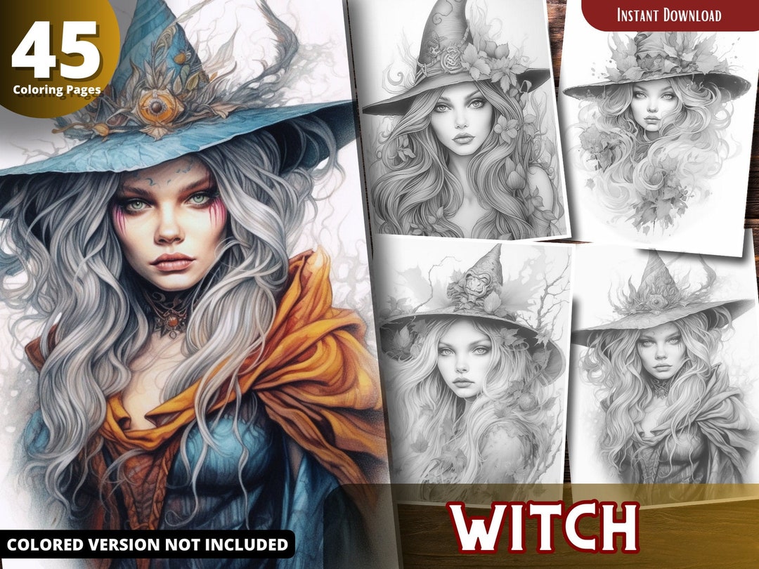 Witch Coloring Pages for Adults and for Kids Grayscale Coloring ...