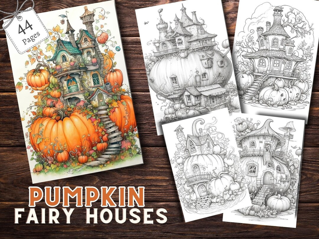 Pumpkin Fairy Houses Coloring Pages for Adults and for Kids for Relax ...