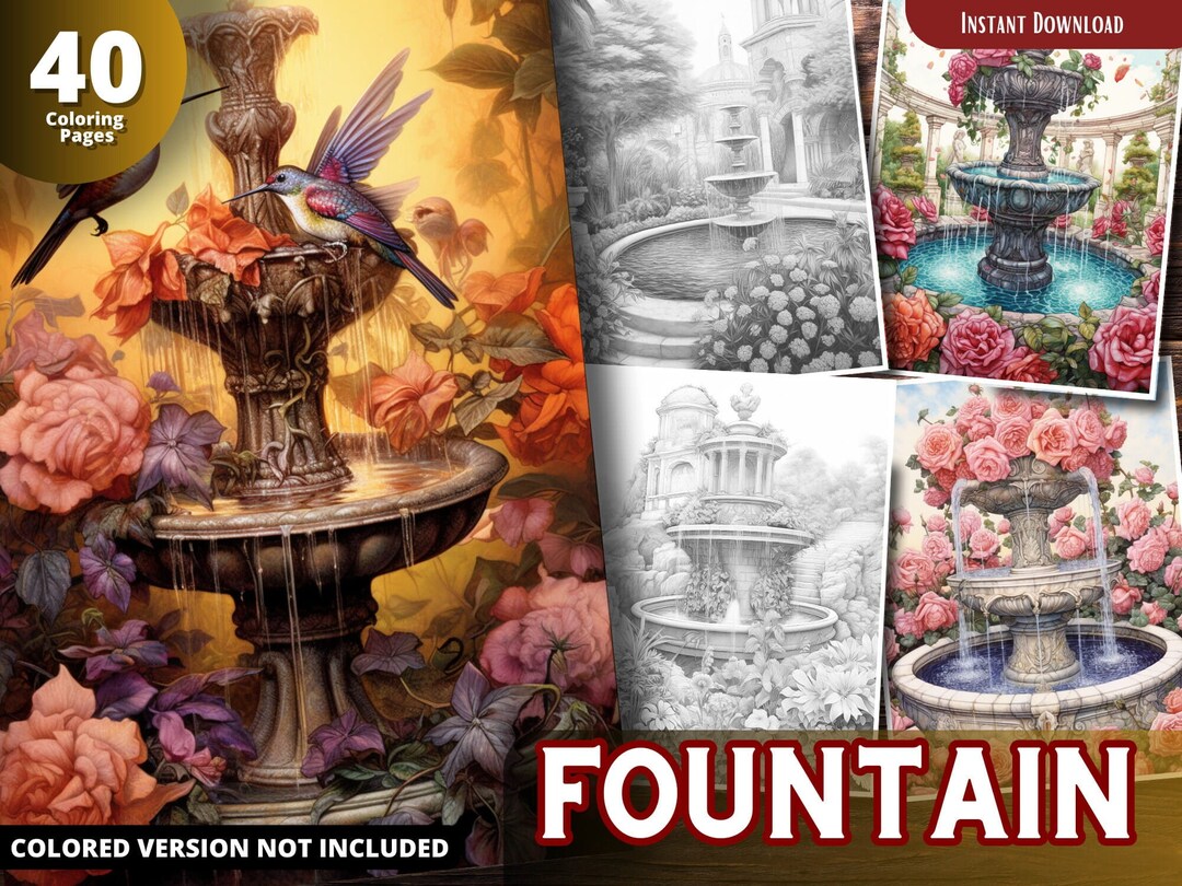 Fountain Grayscale Coloring Book, 40 Pages, for Adults and Kids ...