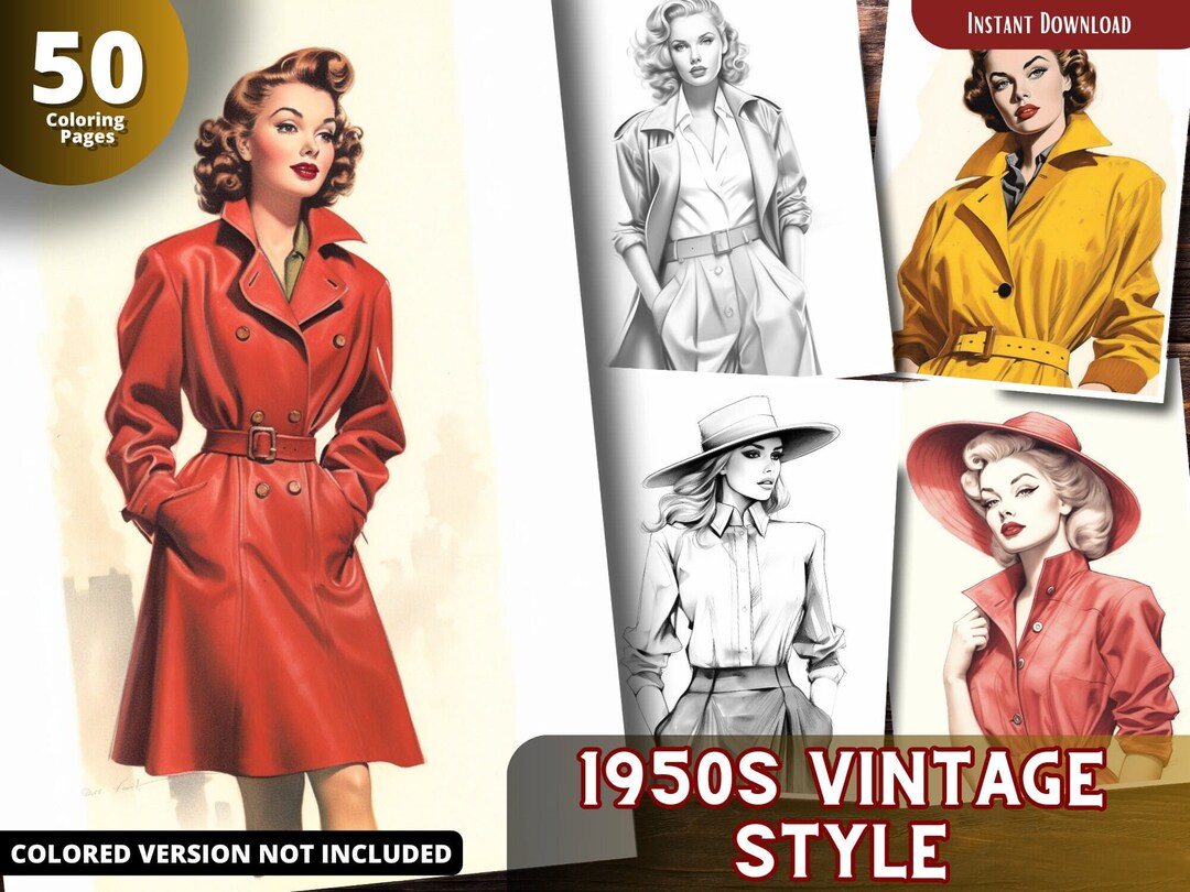 1950s Vintage Style Girl Coloring Pages for Adults and for Kids ...