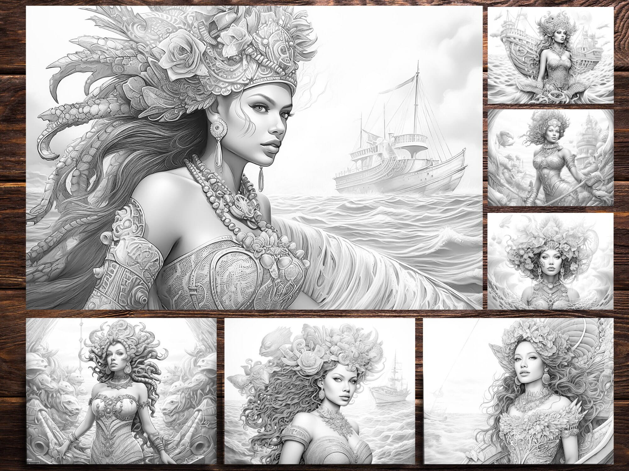 Goddess of the Sea Coloring Pages for Adults and for Kids, Grayscale ...