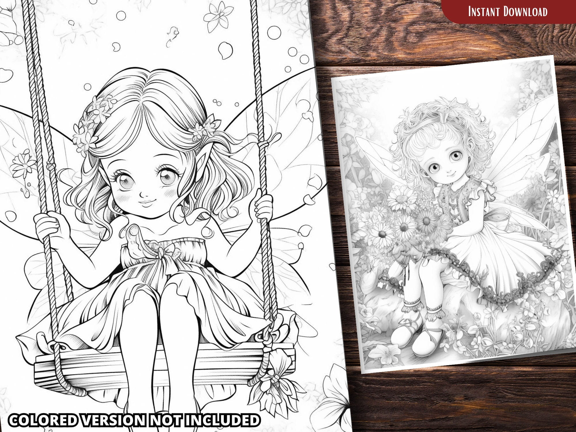 Flower Fairy Coloring Pages for Adults and for Kids Grayscale Coloring ...